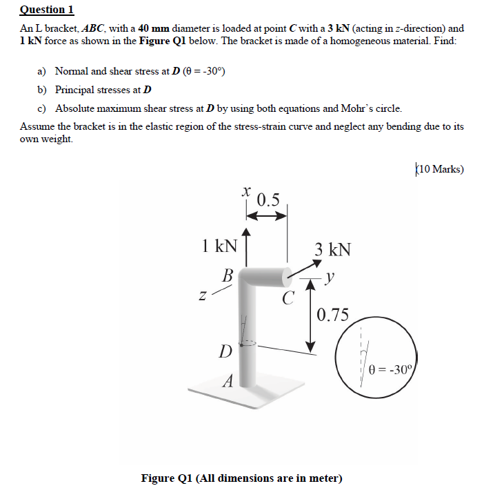 Solved Question 1\\nAn L bracket, ABC, with a 40mm diameter | Chegg.com
