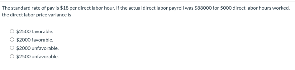 Solved The standard rate of pay is $18 per direct labor | Chegg.com