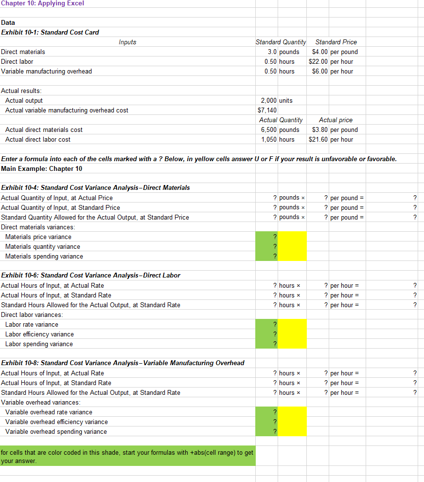Solved Chapter 10: Applying Excel Data Exhibit 10-1: | Chegg.com