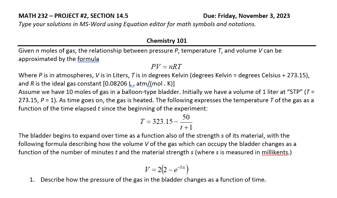 MATH 232 - PROJECT \#2, SECTION 14.5 Due: Friday, | Chegg.com