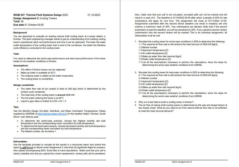 INGM 427: Thermal Fluid Systems Design 2022 Design | Chegg.com