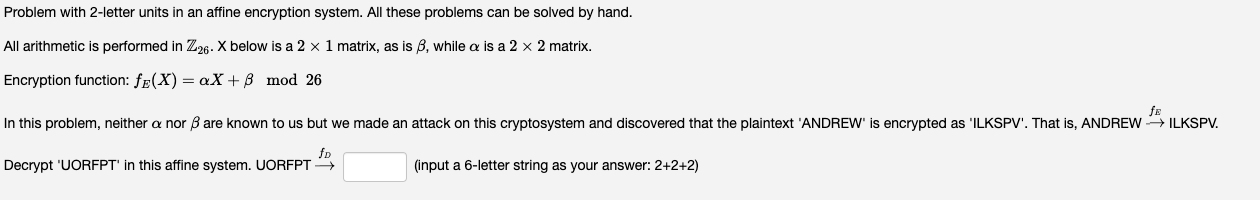Problem with 2-letter units in an affine encryption | Chegg.com