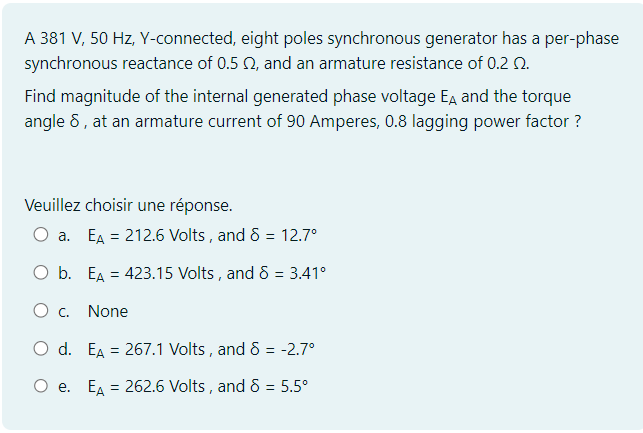 Solved A 381 ﻿V, 50Hz, ﻿Y-connected, eight poles synchronous | Chegg.com