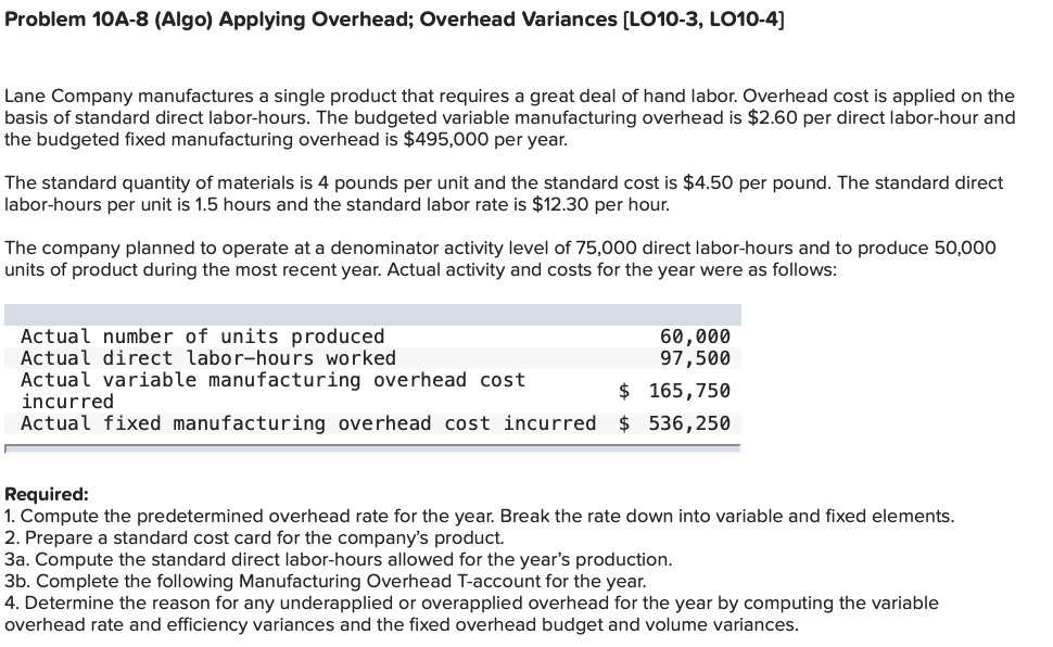 Solved Problem 10A-8 (Algo) Applying Overhead; Overhead | Chegg.com