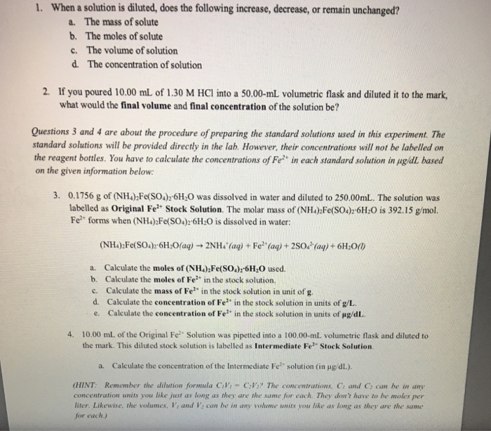 Solved 1. When a solution is diluted, does the following | Chegg.com