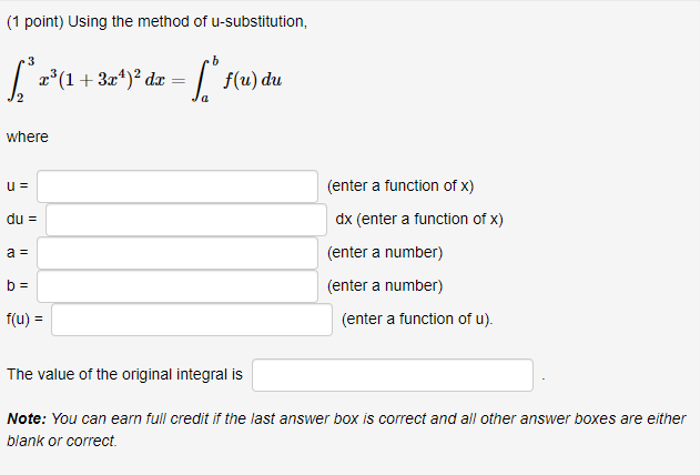 Solved (1 point) Using the method of u-substitution, \, | Chegg.com