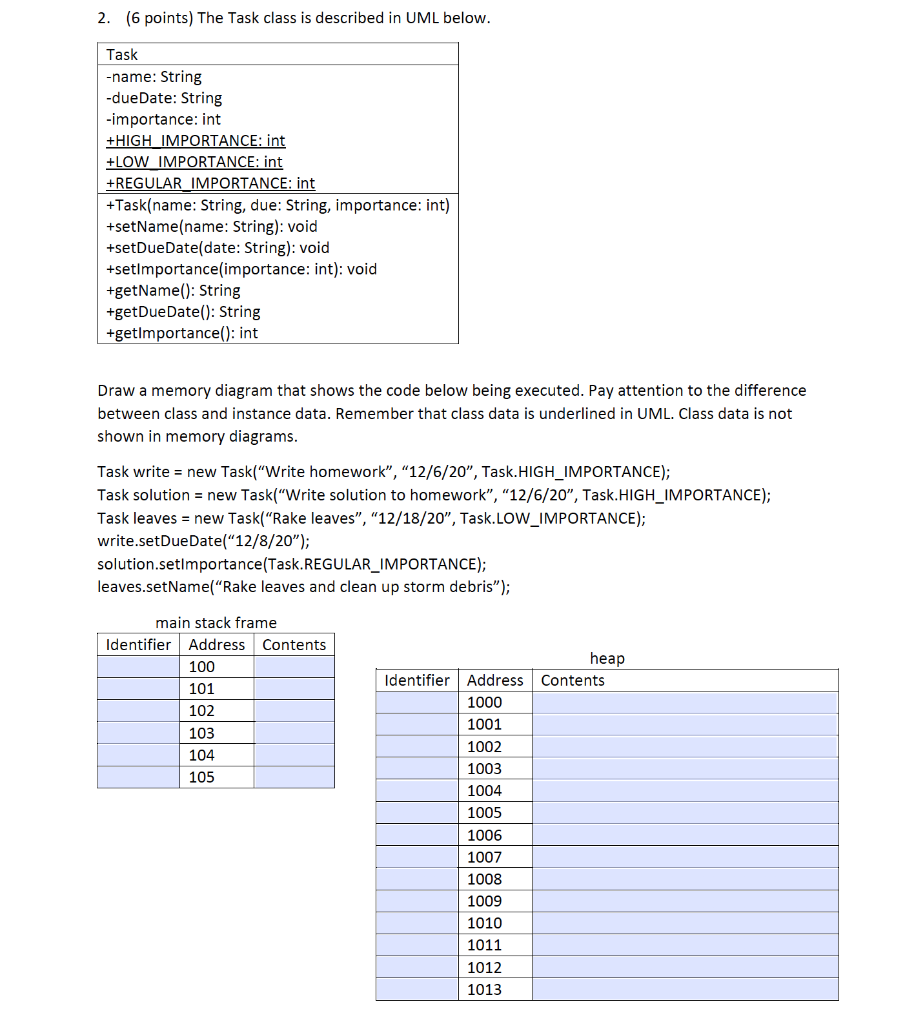 2. (6 points) The Task class is described in UML | Chegg.com