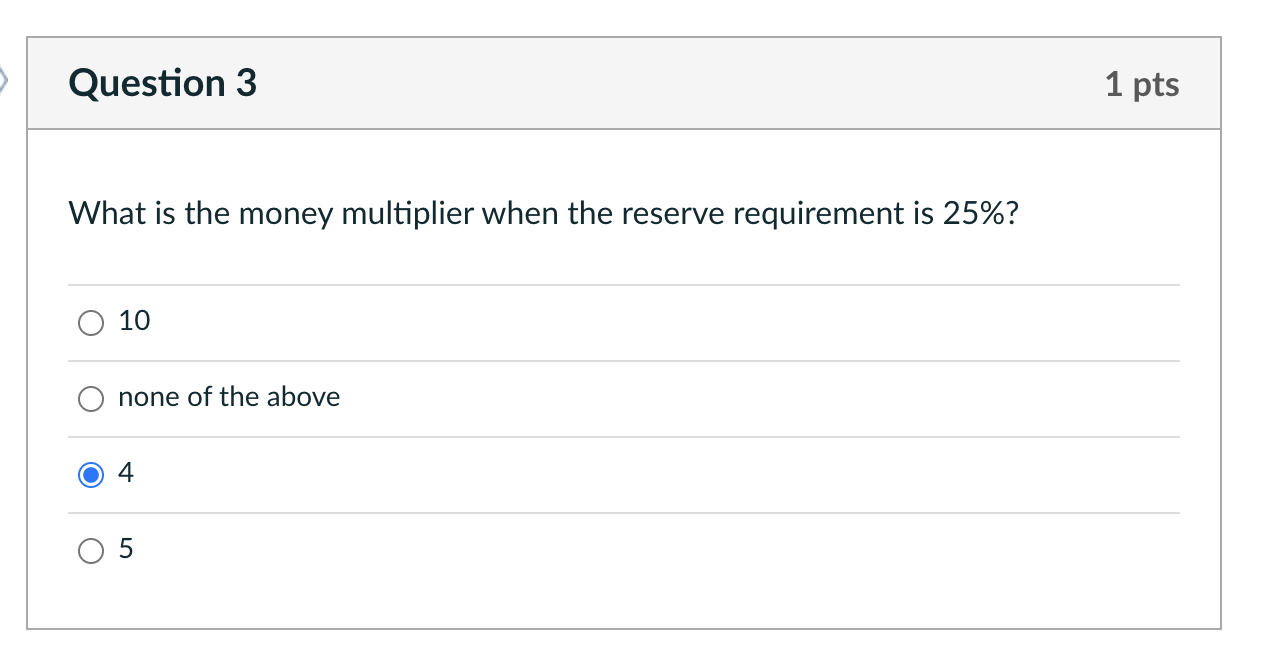 Solved Question 3 1 pts What is the money multiplier when | Chegg.com