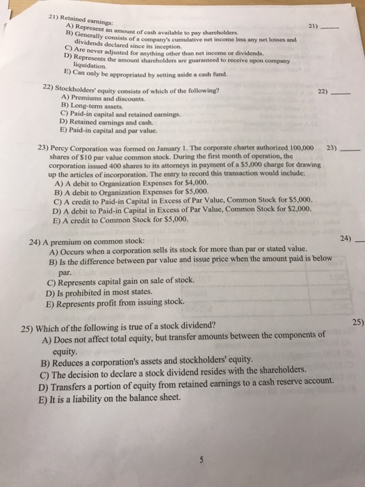 Solved 21) Retained earnings: A) Represent an amount of cash | Chegg.com