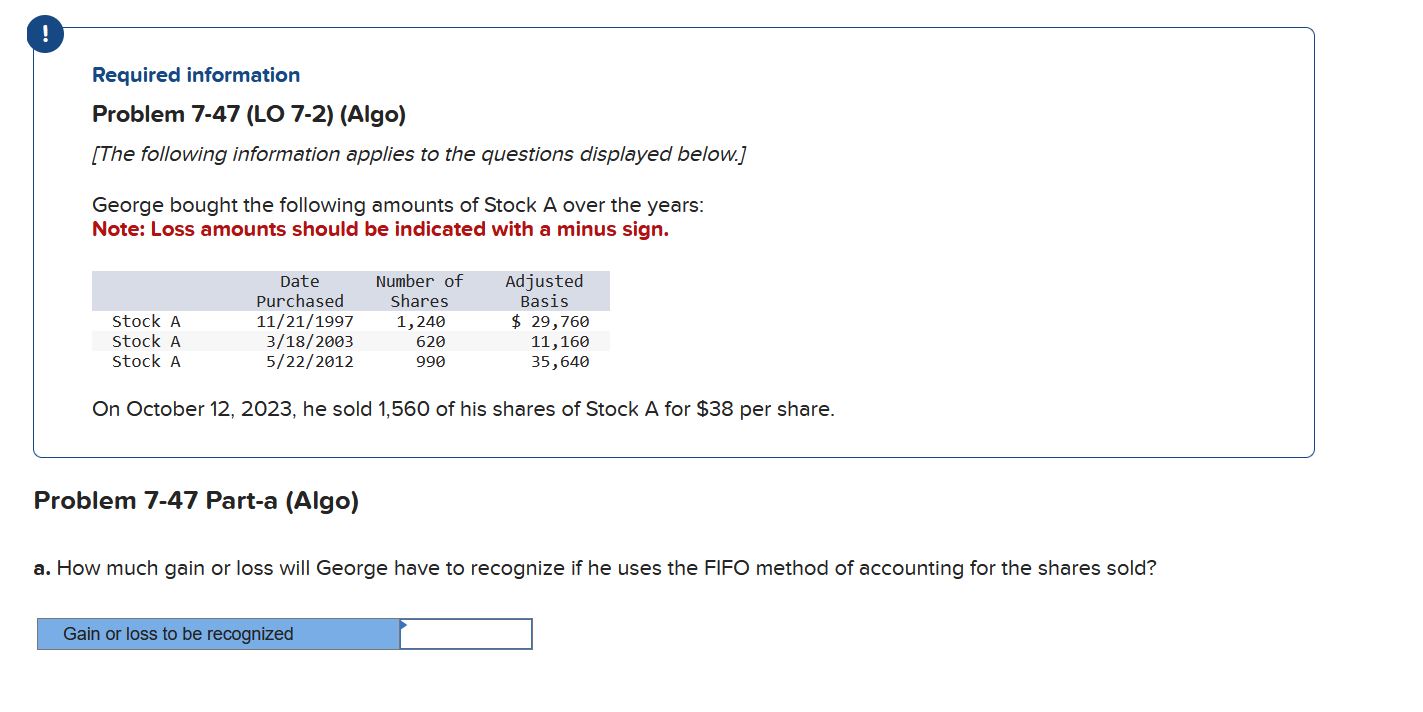 Solved Required information Problem 7-47 (LO 7-2) (Algo) | Chegg.com