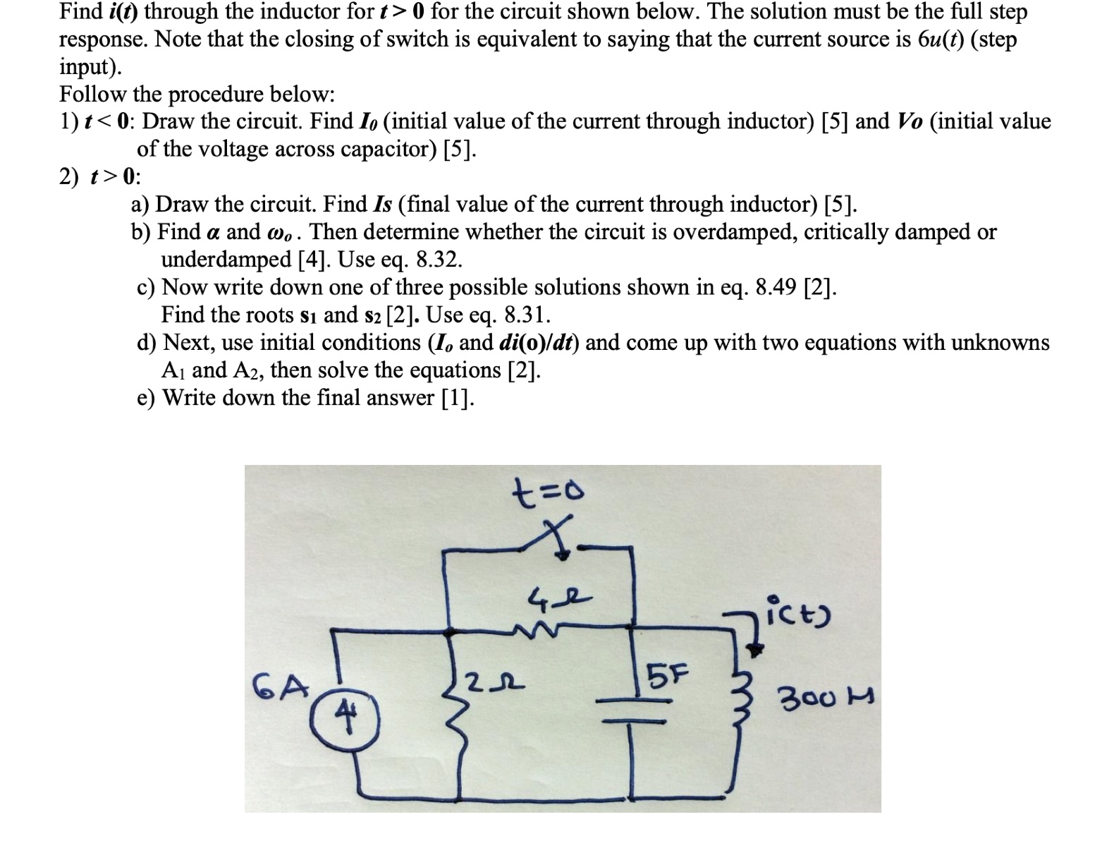 Solved Find i(t) through the inductor for t>0 for the | Chegg.com