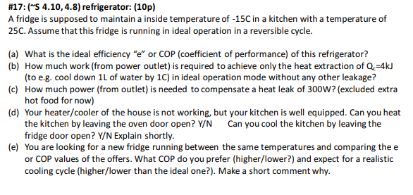Solved #17: ("S 4.10, 4.8) refrigerator: (10p) A fridge is | Chegg.com