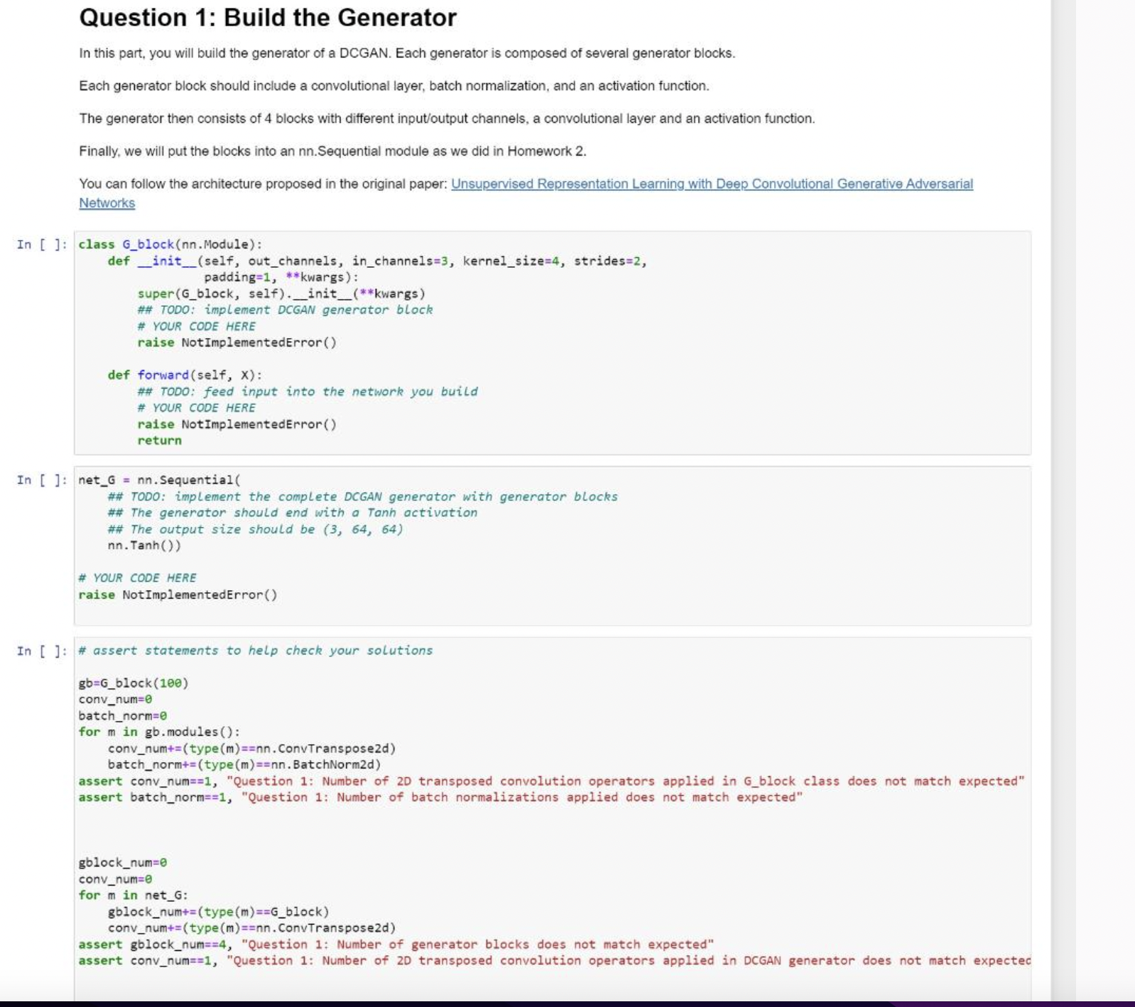 Solved Question 1: Build the GeneratorIn this part, you will | Chegg.com
