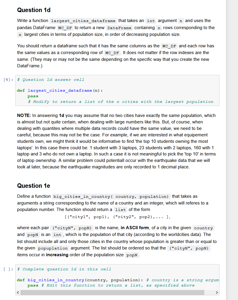 Solved Question 10 Write a function largest cities_dataframe | Chegg.com