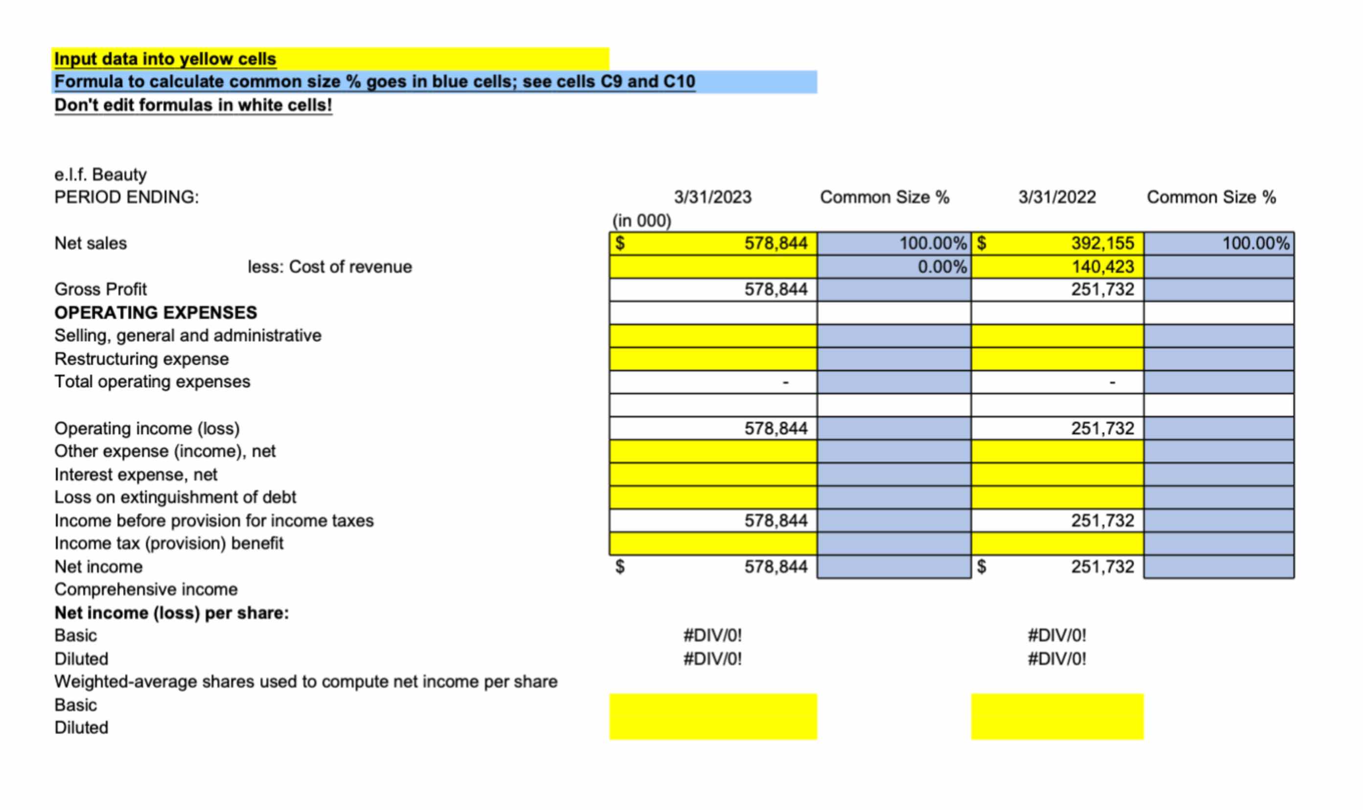 Input data into yellow cellsFormula to calculate | Chegg.com