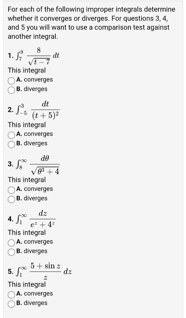 Solved For each of the following improper integrals | Chegg.com