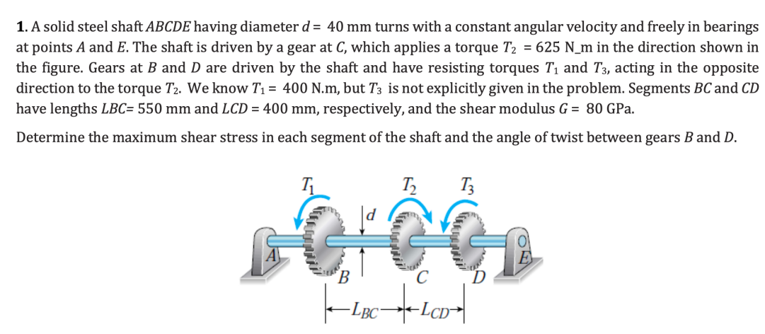 Solved A solid steel shaft ABCDE having diameter d=40mm | Chegg.com