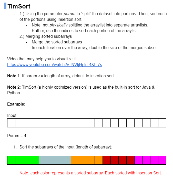 TimSort 1.) Using the parameter param to "split the | Chegg.com