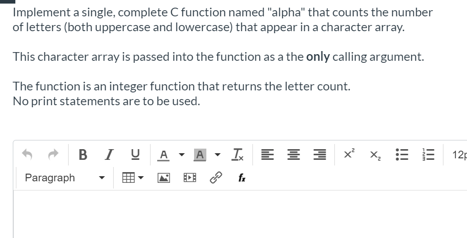 Solved Implement a single, complete C function named "alpha" | Chegg.com