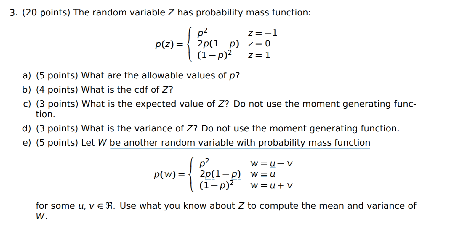 Solved 3. (20 points) The random variable Z has probability | Chegg.com