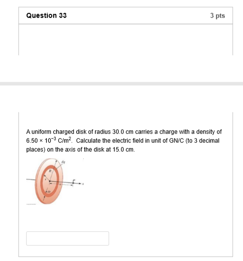 Solved Question 33 3 pts A uniform charged disk of radius | Chegg.com