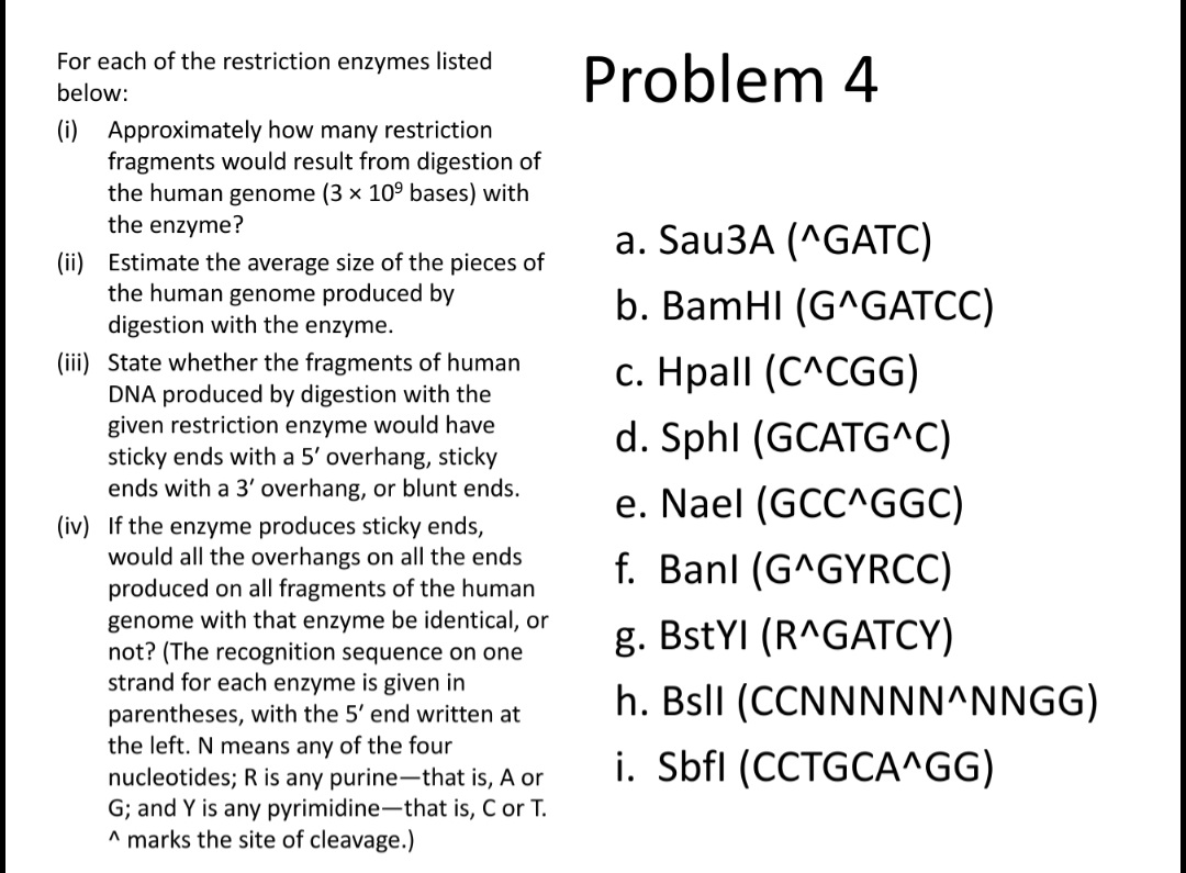 Solved For each of the restriction enzymes listedbelow:(i) | Chegg.com