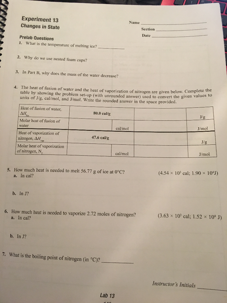 Solved Experiment 13 Changes in State Prelab Questions 1. | Chegg.com