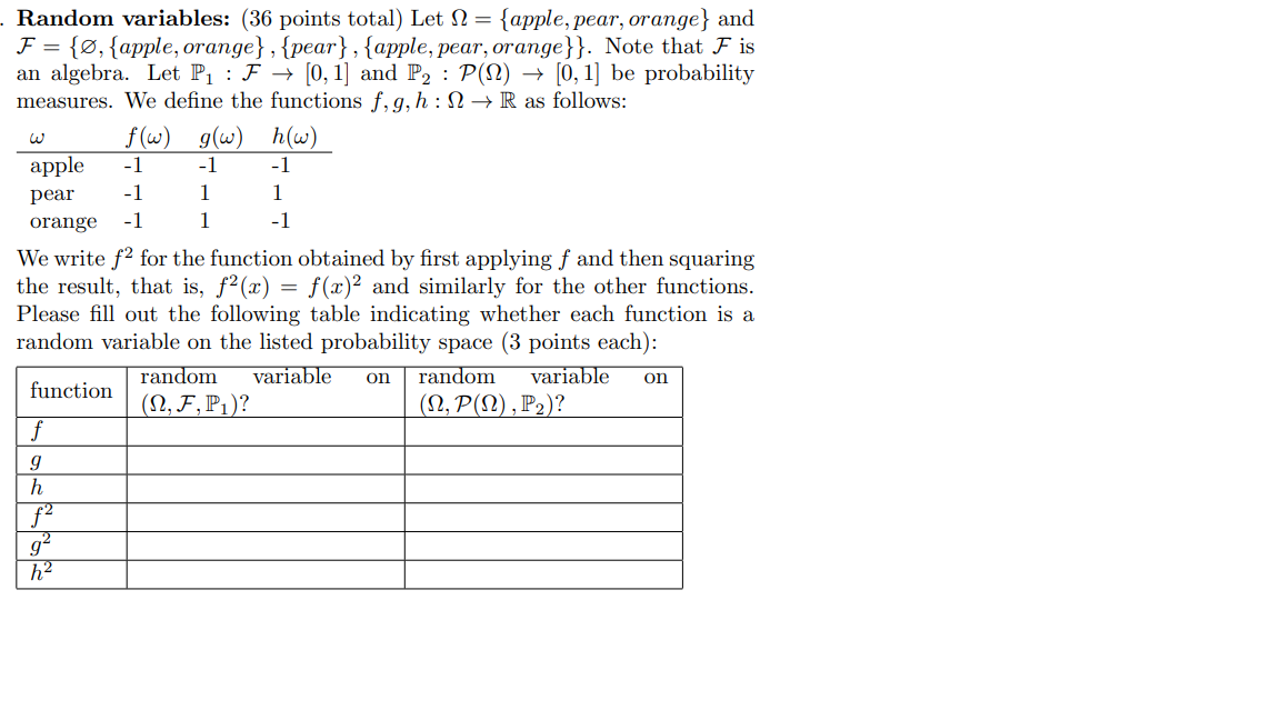 Solved Random variables: (36 points total) Let N = {apple, | Chegg.com