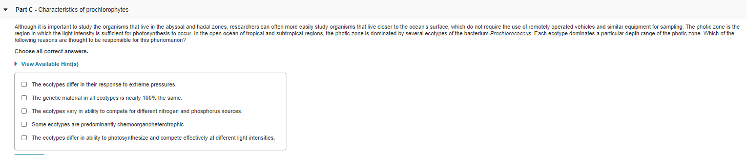 Part C - Characteristics of prochlorophytes Although | Chegg.com