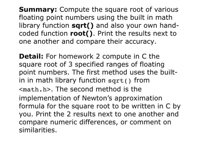 Solved Summary: Compute the square root of various floating | Chegg.com