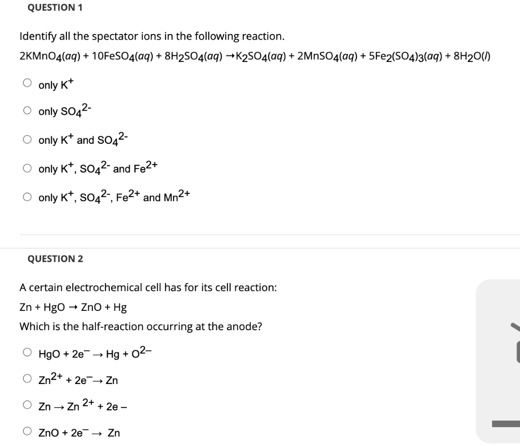 Solved Identify all the spectator ions in the following | Chegg.com