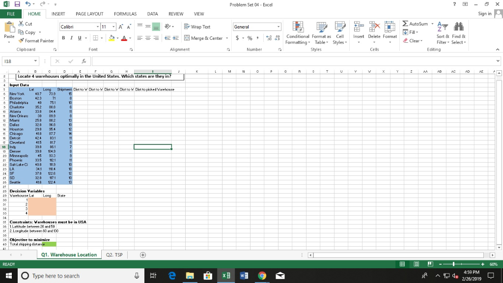 Problem Set 04 Excel HOME INSERT PAGE LAYOUTFORMULAS | Chegg.com