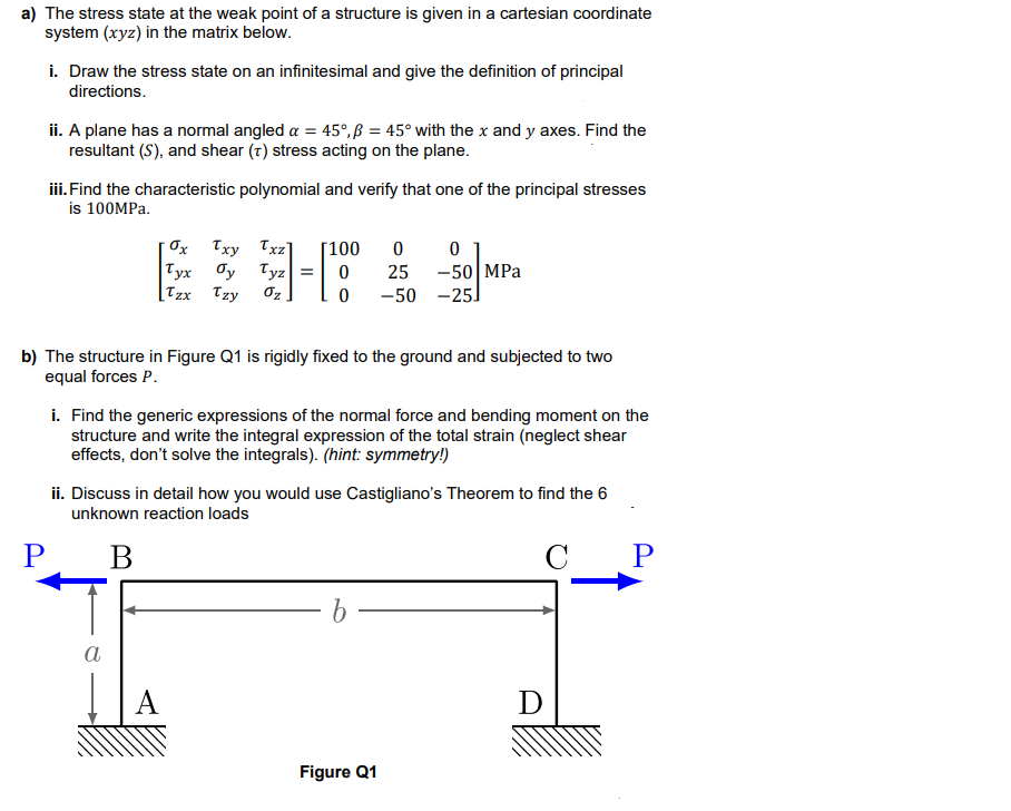 Solved a) The stress state at the weak point of a structure | Chegg.com
