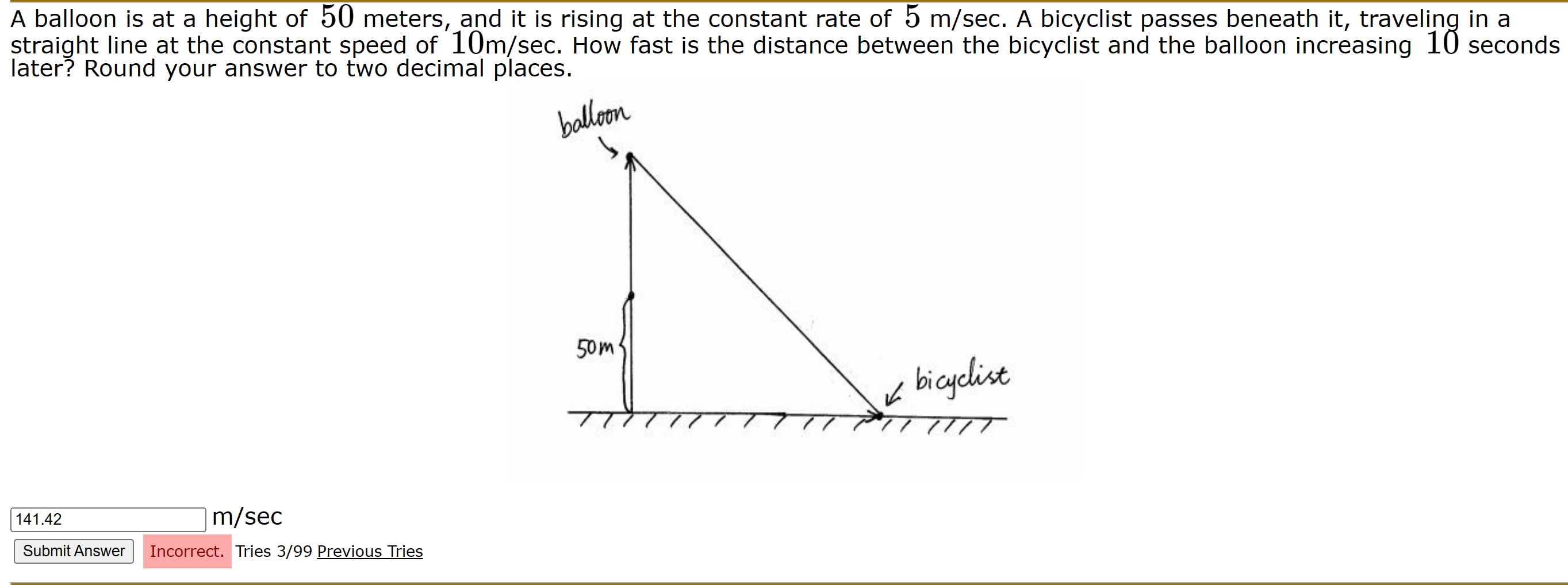 Solved A balloon is at a height of 50 meters, and it is | Chegg.com