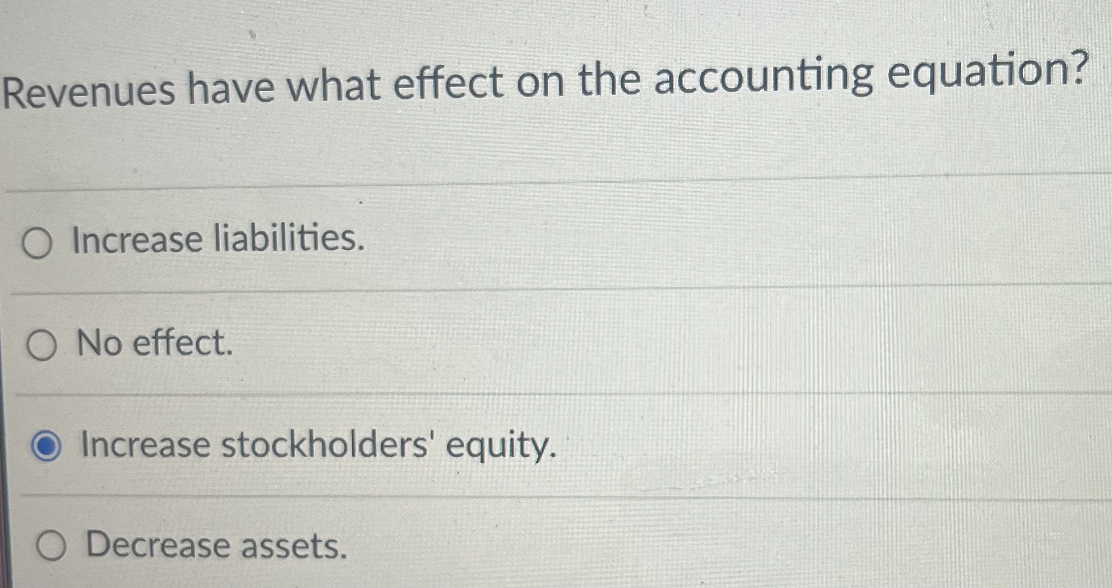 Solved Revenues have what effect on the accounting equation? | Chegg.com