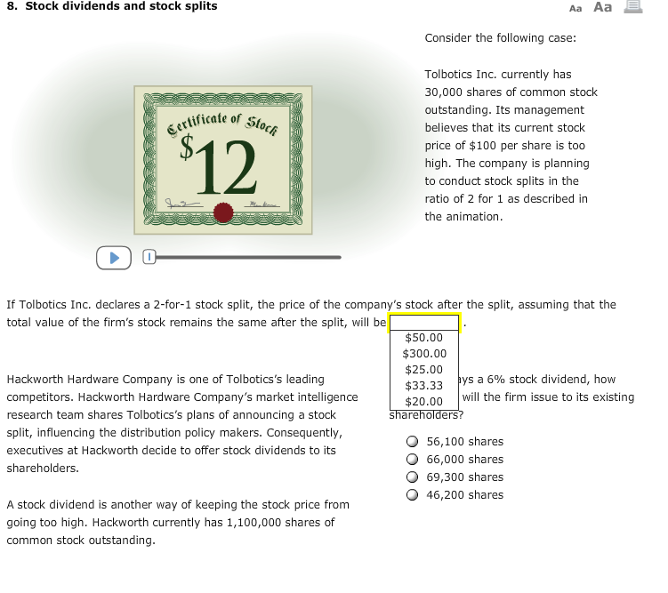 Solved 8. Stock dividends and stock splits Aa Aa Consider | Chegg.com