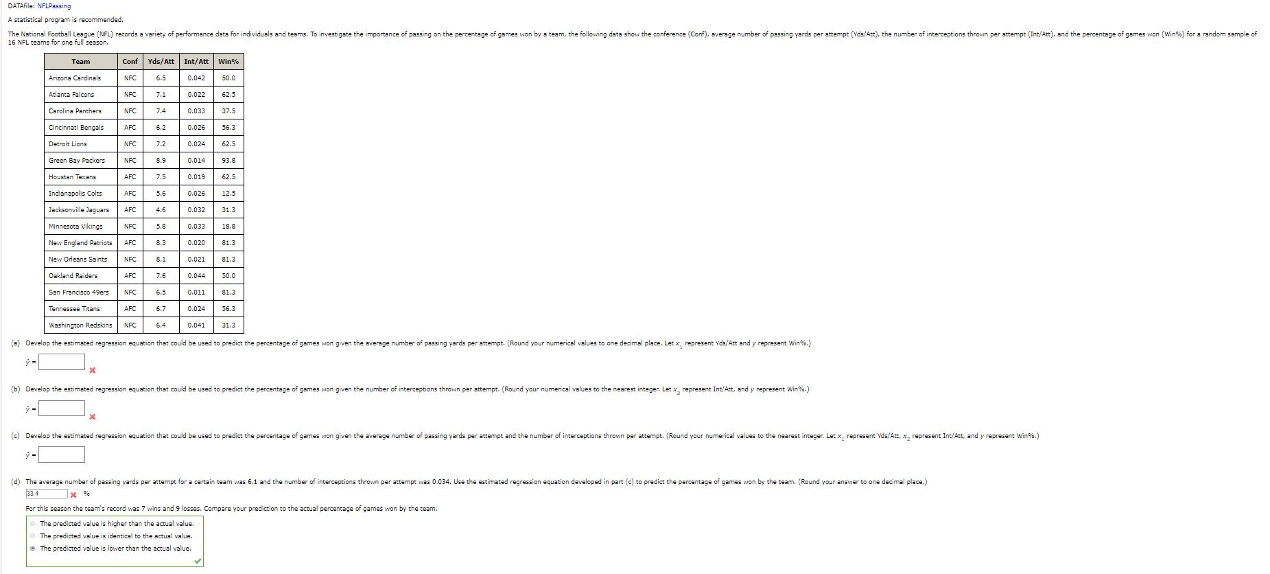 Solved DATAfile: NFLPassing A statistical program is | Chegg.com