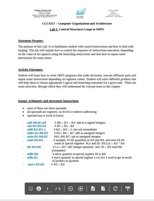 CCCS217-Computer Organization and Architecture Lab 5: | Chegg.com