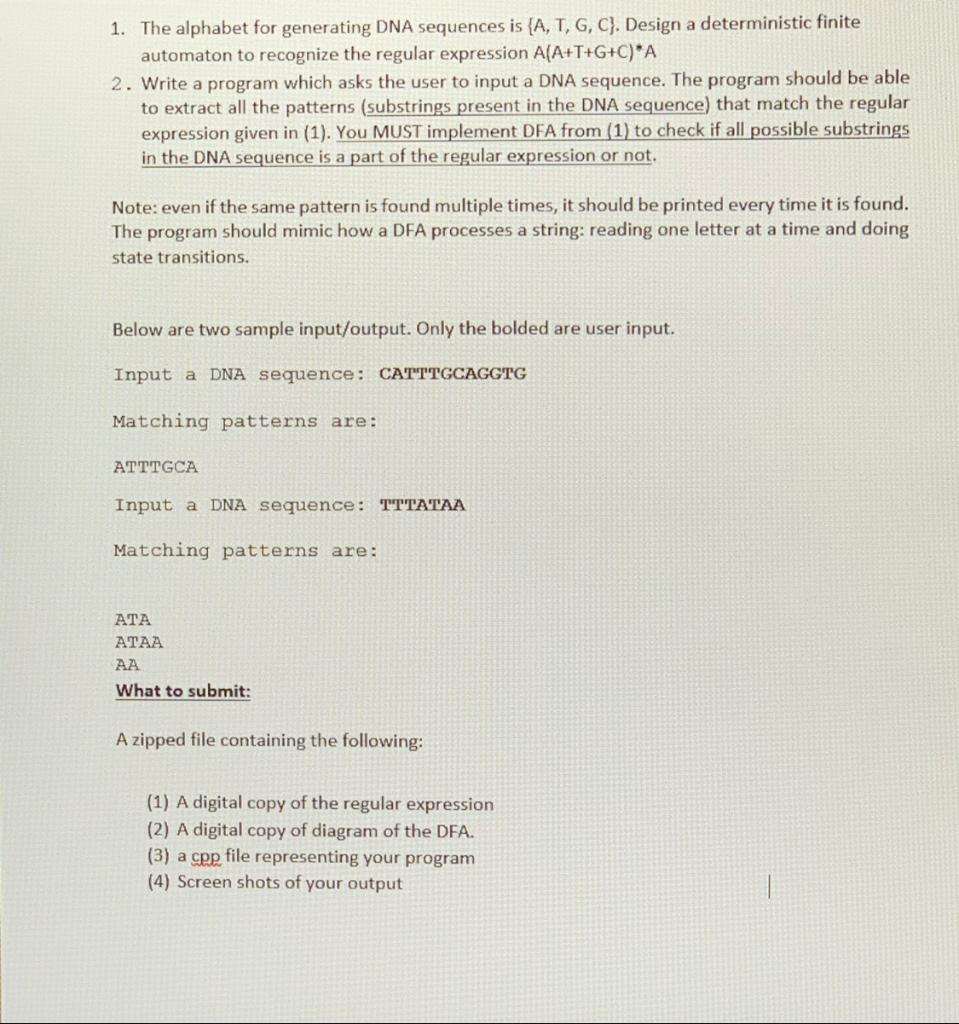 Solved 1. The alphabet for generating DNA sequences is {A, | Chegg.com