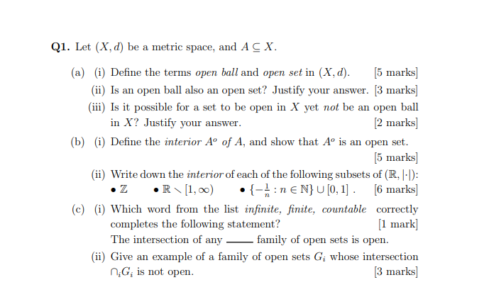Solved Q1. Let (X, d) be a metric space, and A CX. (a) (i) | Chegg.com