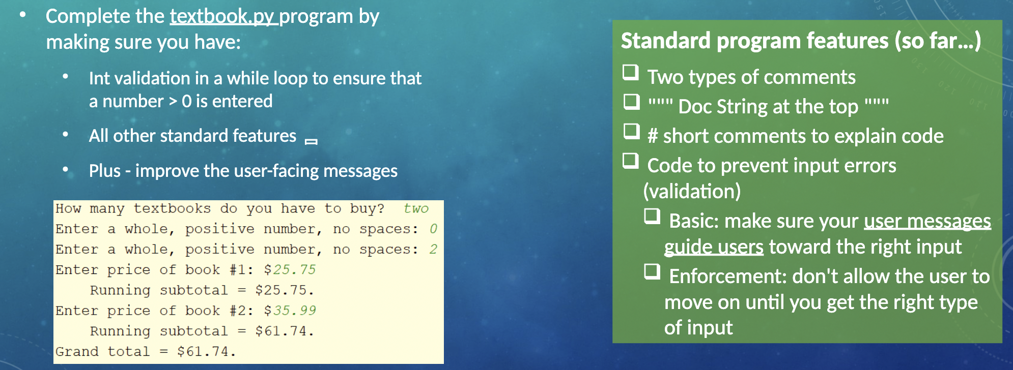 Solved Complete the textbook.py program by making sure you | Chegg.com