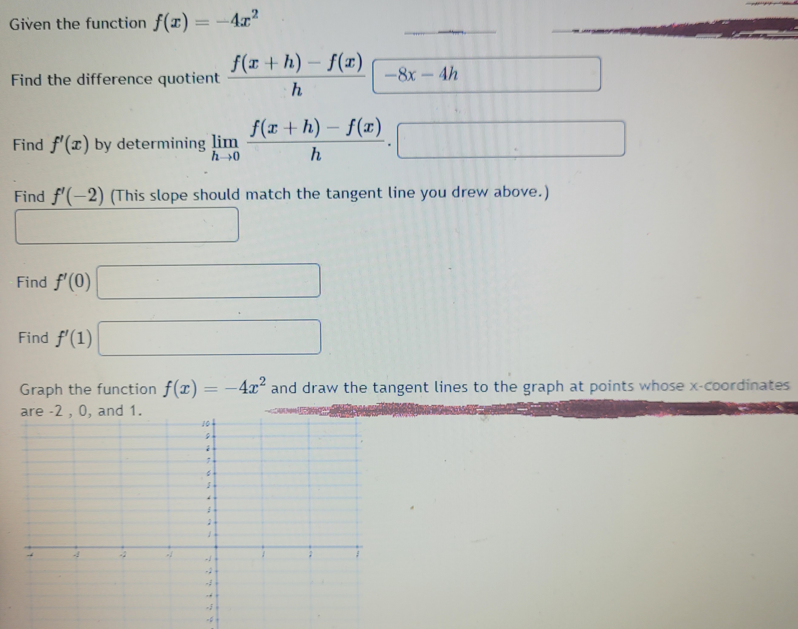 Solved Given the function f(x)=-4x^2Find the difference | Chegg.com
