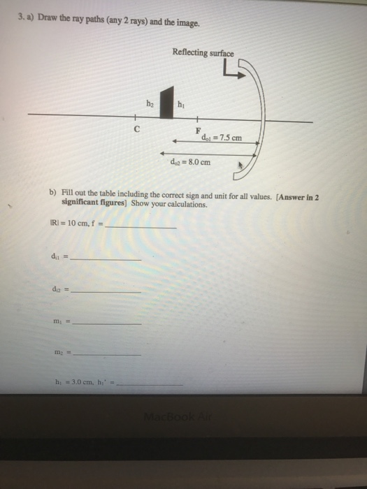 Solved a) Draw the ray paths (any 2 rays) and the image. b) | Chegg.com