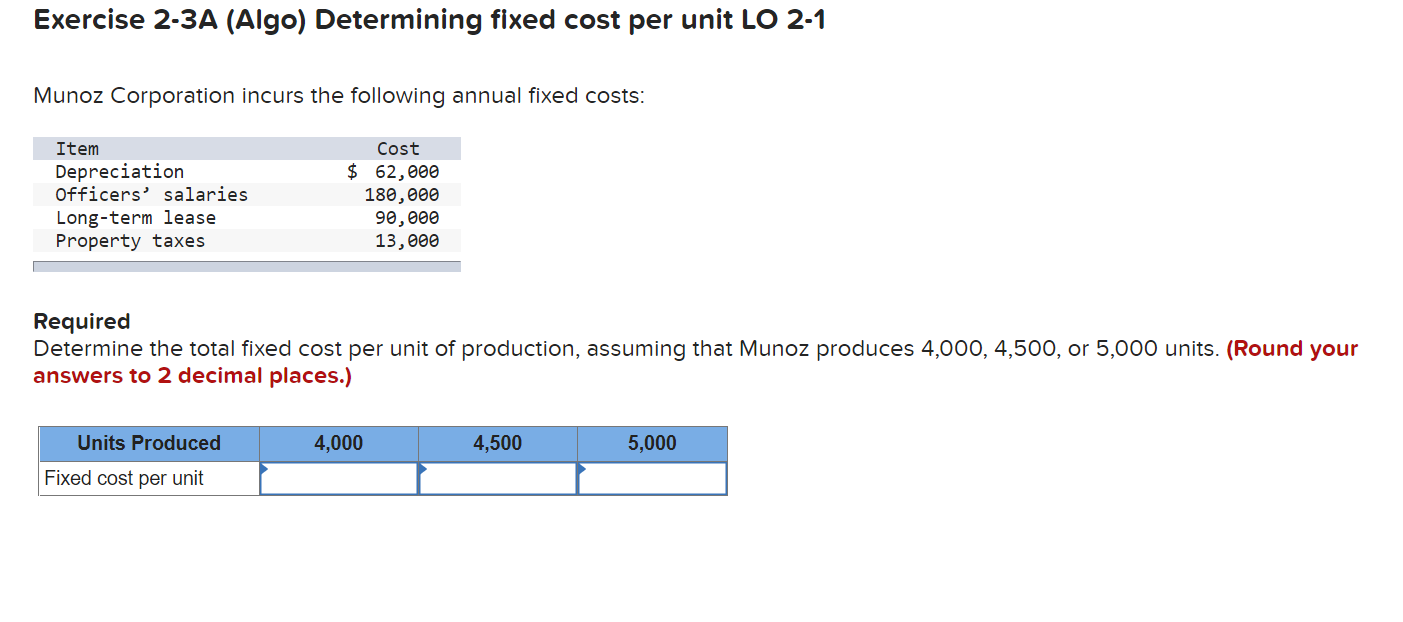 Solved Exercise 2-3A (Algo) Determining fixed cost per unit | Chegg.com