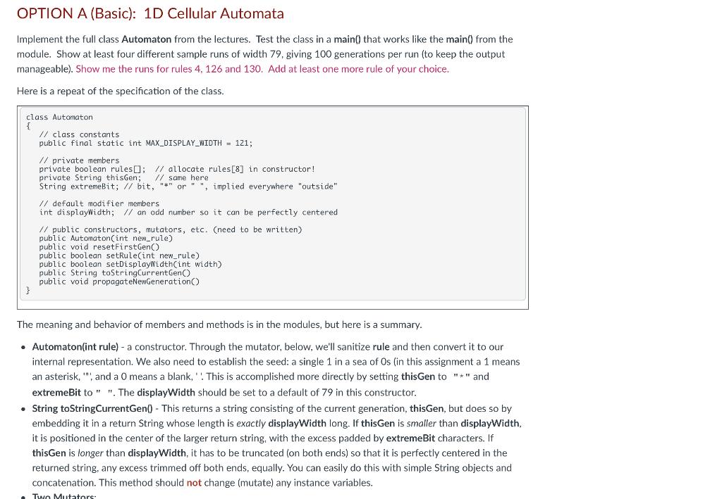 Solved OPTION A (Basic): 1D Cellular Automata Implement the | Chegg.com