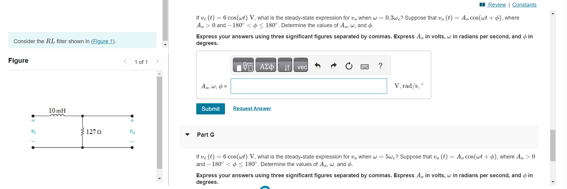 Solved If vi(t)=6cos(ωt)V, what is the steady-state | Chegg.com