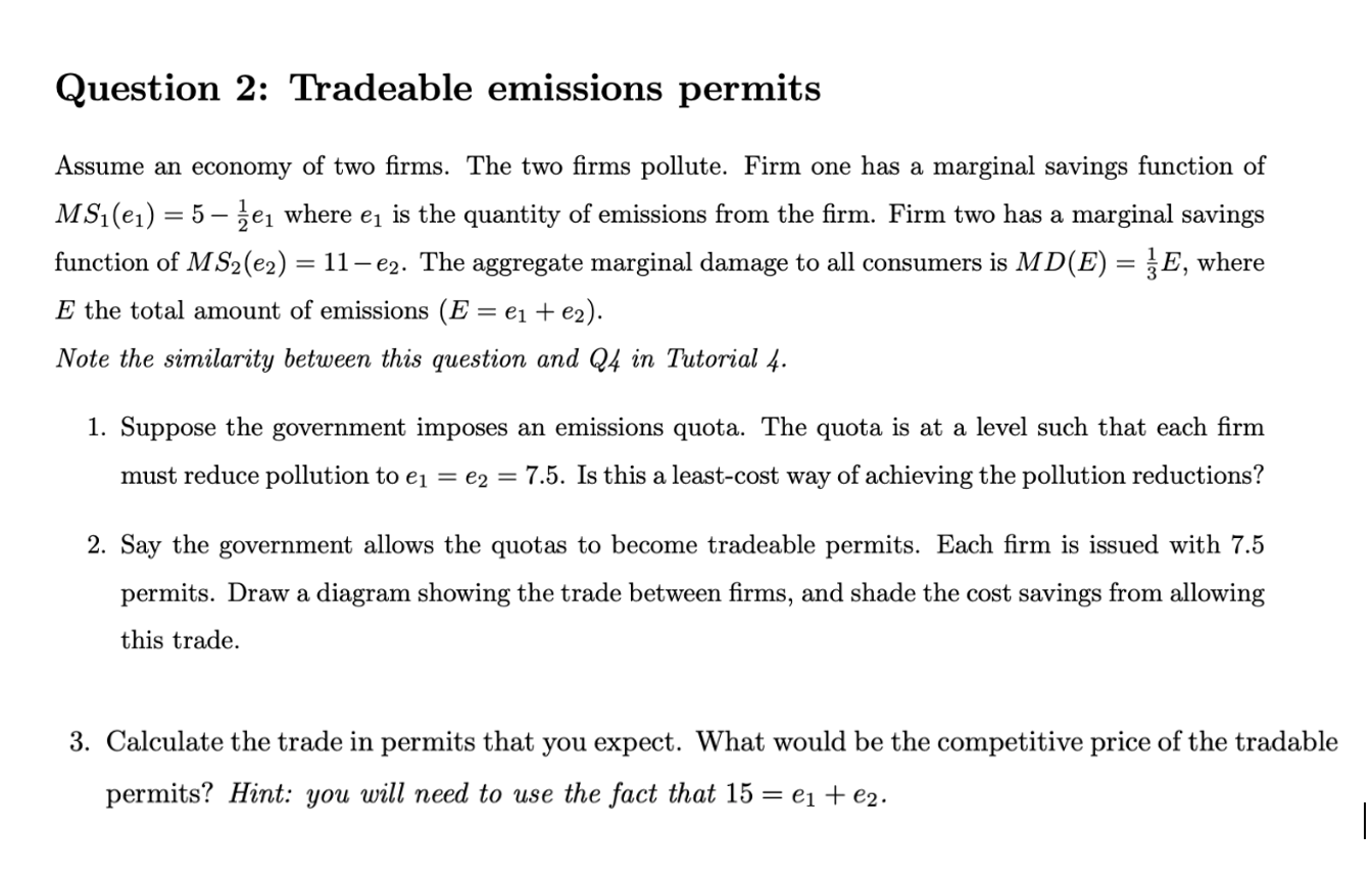 Solved Question 2: Tradeable emissions permits Assume an | Chegg.com