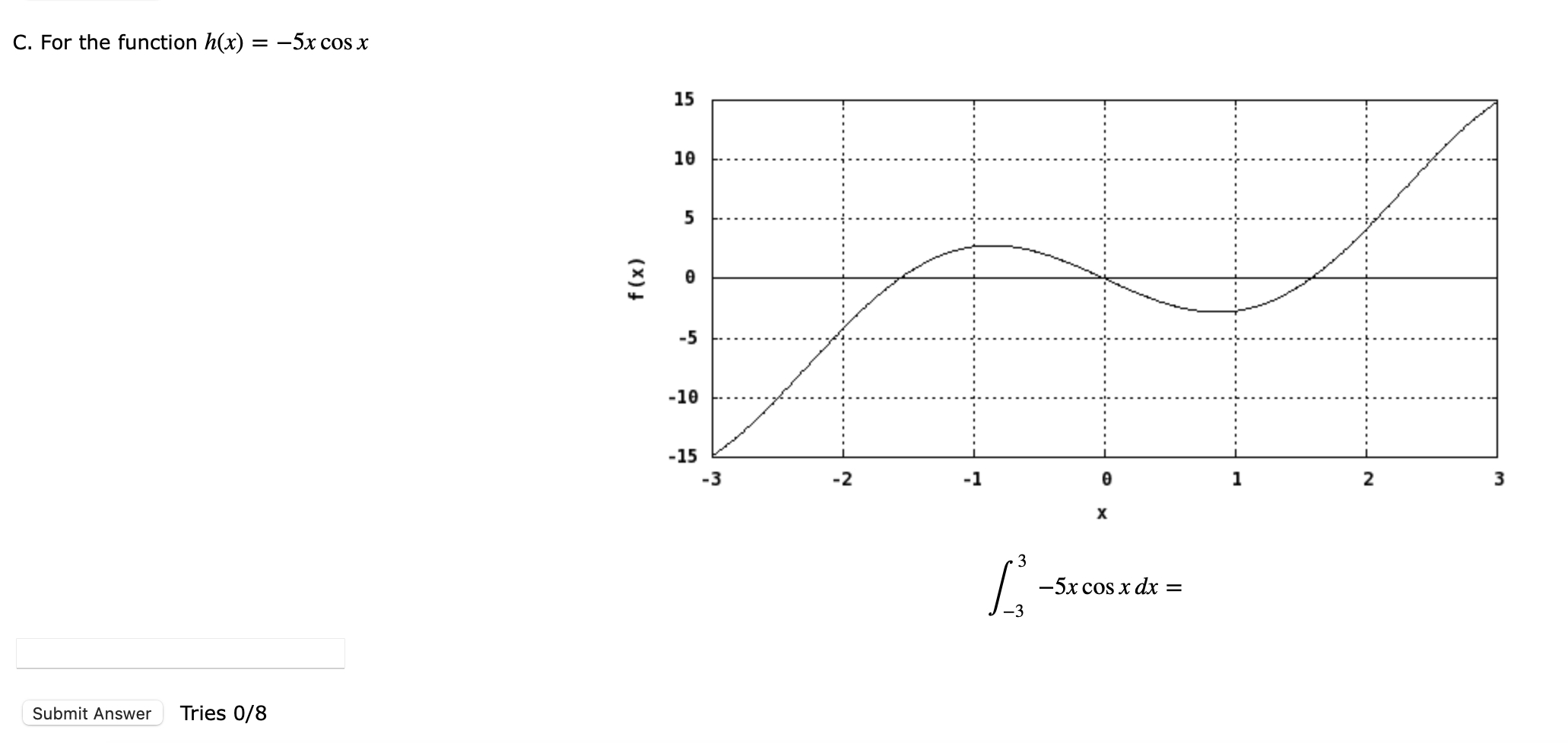 Solved C. For the function h(x)=−5xcosx ∫−33−5xcosxdx= | Chegg.com