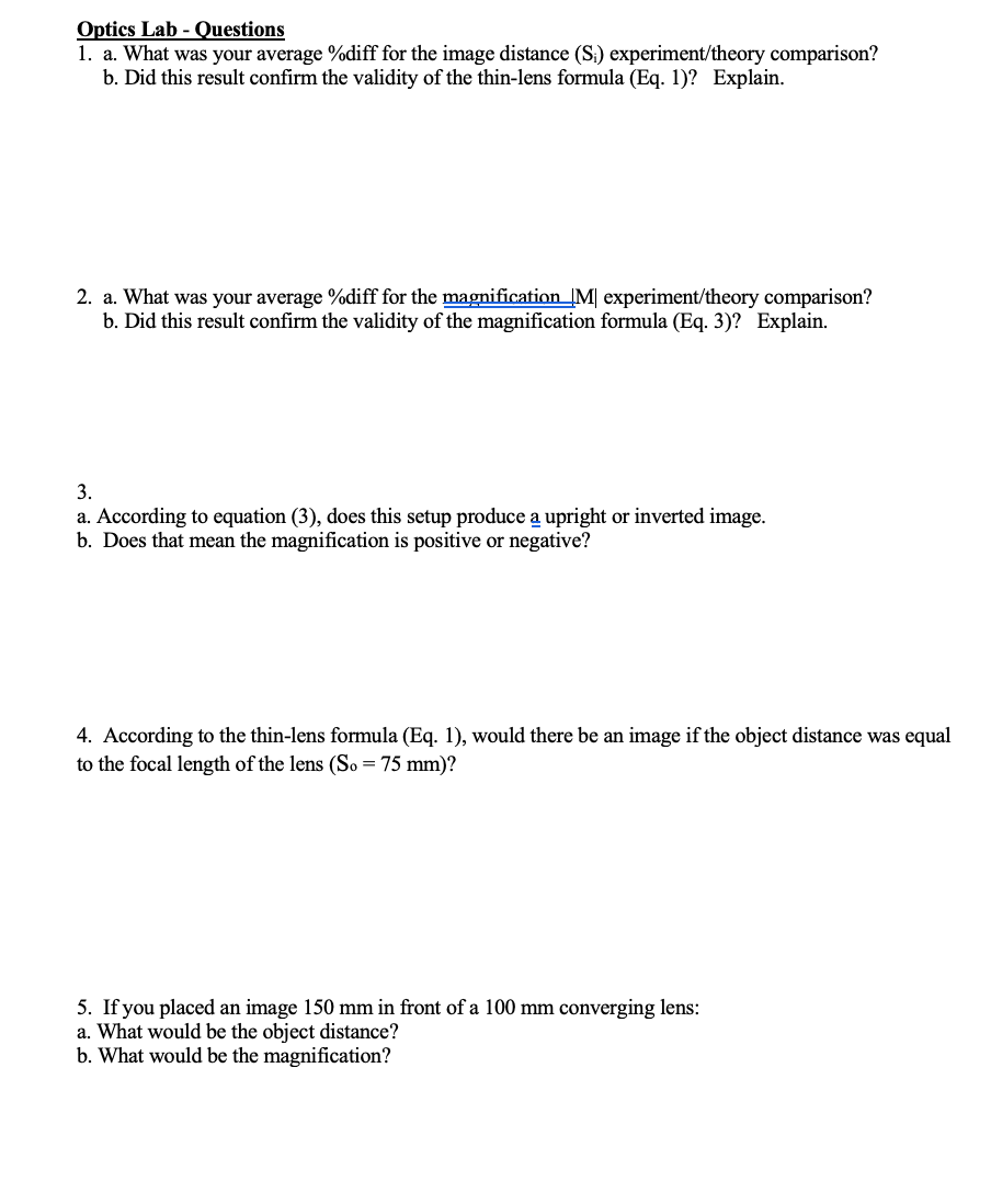 Solved Experiment Equipment: Optics Bench Converging Lens, | Chegg.com