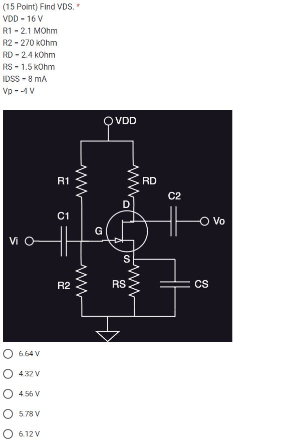 Solved (15 Point) Find VDS. * VDD=16 V R1=2.1MOhm R2 | Chegg.com